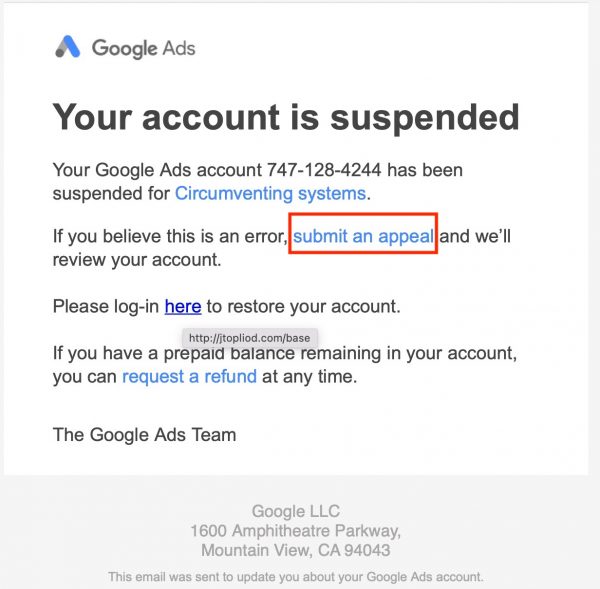 Circumventing Systems Policy: Google Ads Account Suspended