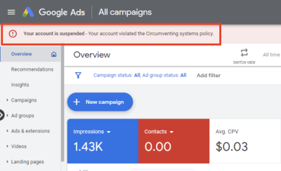Circumventing Systems Policy: Google Ads Account Suspended